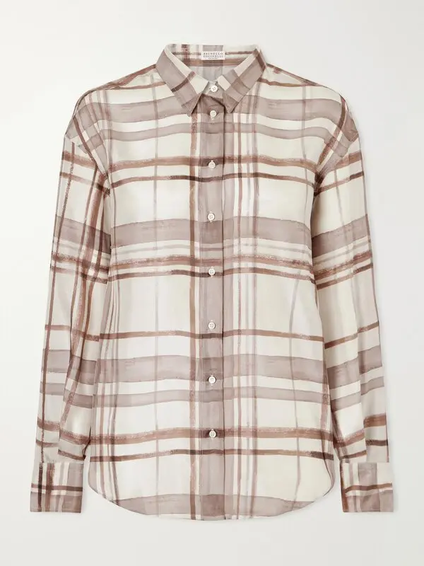 Brunello Cucinelli Checked Silk-satin Shirt - Brown