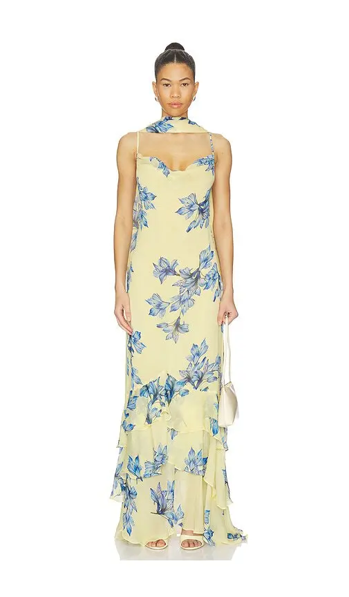 Rococo Sand Printed Maxi Dress With Sash - Yellow