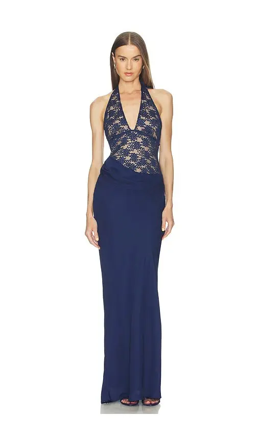 RUNAWAY THE LABEL Lina Halter Draped Maxi Dress - Navy