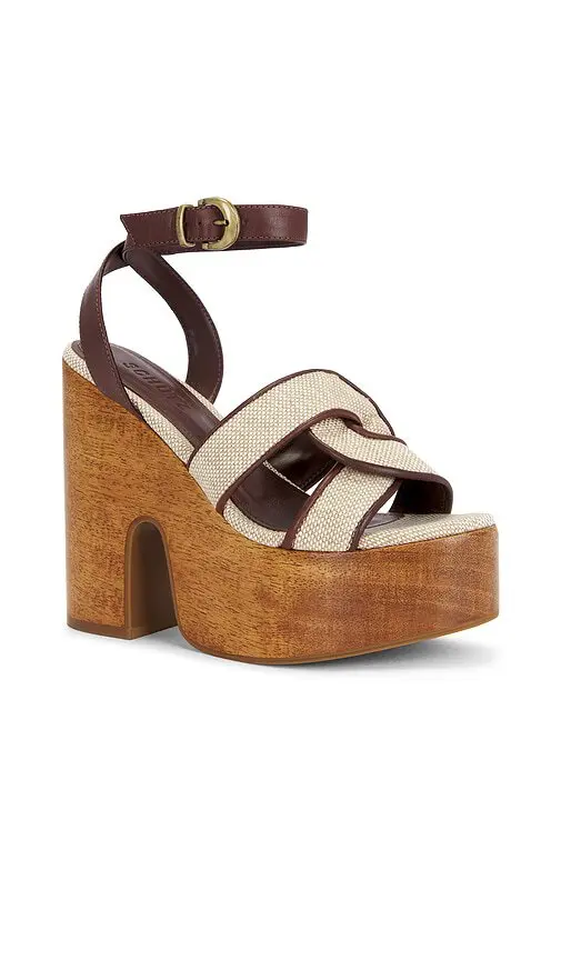 Schutz Rita Wood Platform Wedge Sandals With Gold Tone Buckle