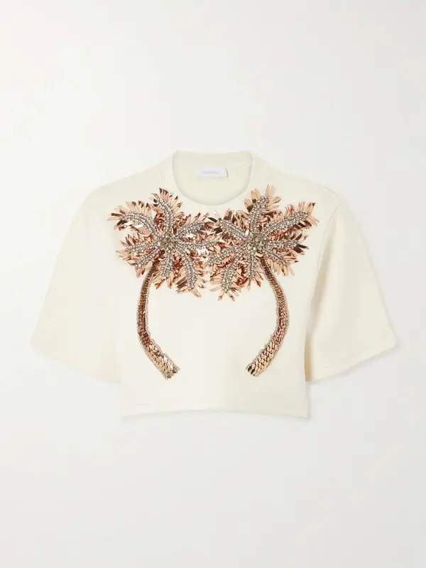 Rabanne Cropped Crystal-embellished Jersey T-shirt - Ivory