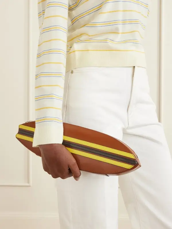 Staud Surfboard Striped Leather Clutches - Brown