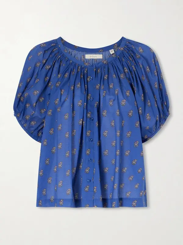 DÔEN June' Floral-printed Cotton Puff Sleeve Blouse - Blue