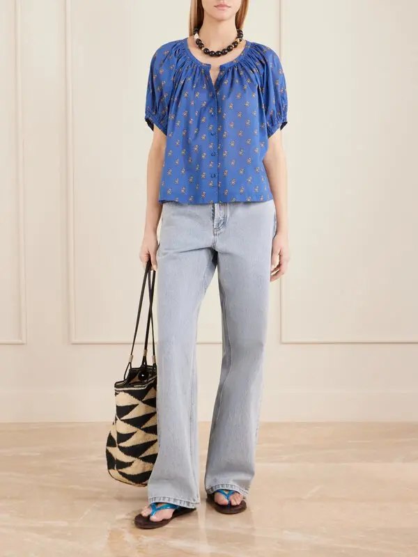 DÔEN June' Floral-printed Cotton Puff Sleeve Blouse - Blue