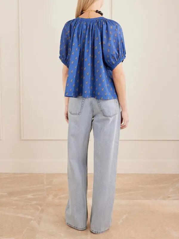 DÔEN June' Floral-printed Cotton Puff Sleeve Blouse - Blue