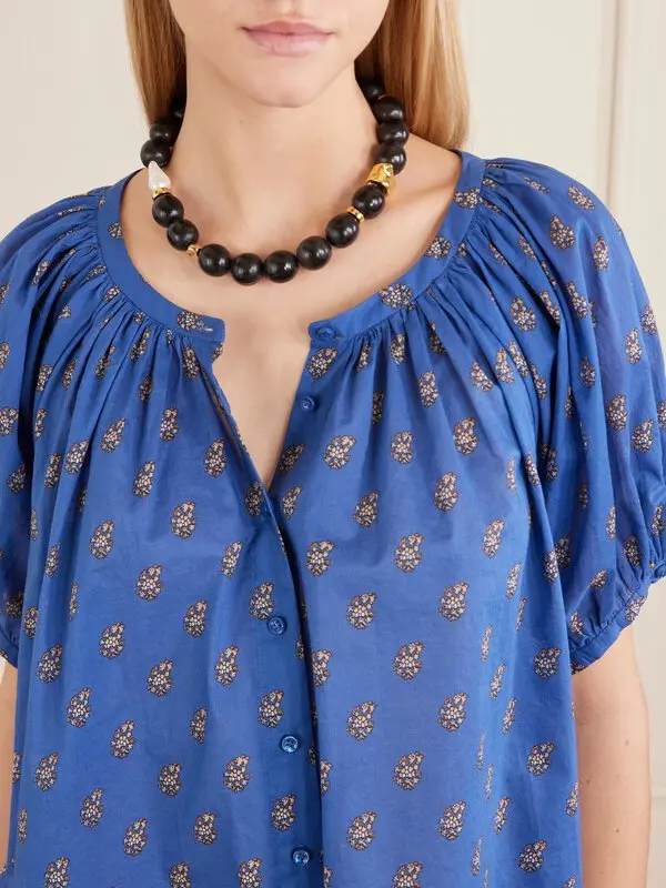 DÔEN June' Floral-printed Cotton Puff Sleeve Blouse - Blue