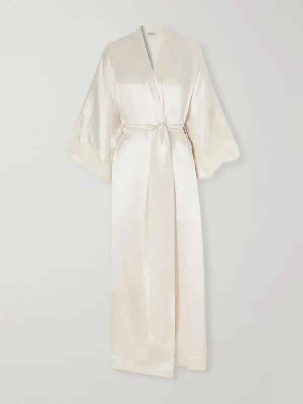 Carine Gilson Belted Lace-trimmed Silk-satin Robe - Neutrals