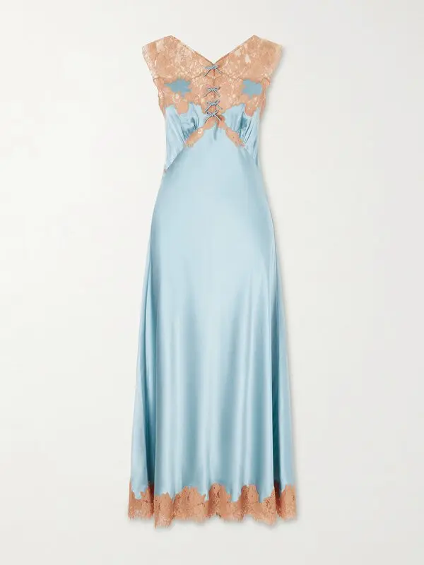 DÔEN Marcelle Lace-trimmed Silk-satin Midi Dress - Blue