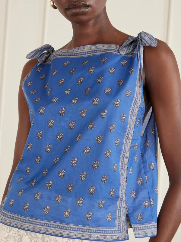 DÔEN Amalia Floral-print Cotton-voile Top - Blue