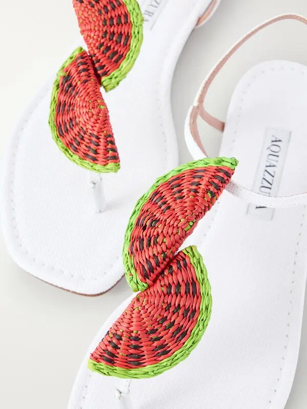 AQUAZZURA Embellished Raffia Thong Sandals - White