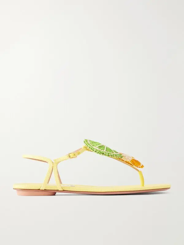 AQUAZZURA Embellished Raffia-effect Thong Sandals - Yellow