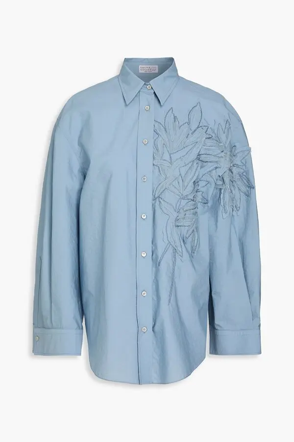 Brunello Cucinelli Appliquéd Cotton-blend Poplin Shirt - Light Blue