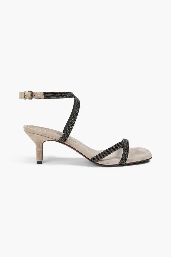 Brunello Cucinelli Bead-embellished Suede Sandals - Charcoal