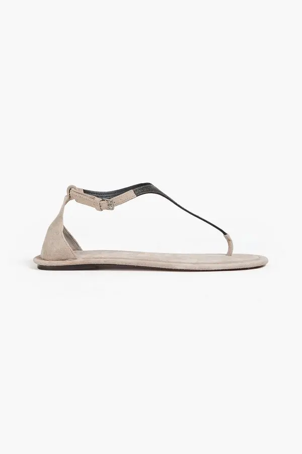 Brunello Cucinelli Bead-embellished Suede Sandals - Stone