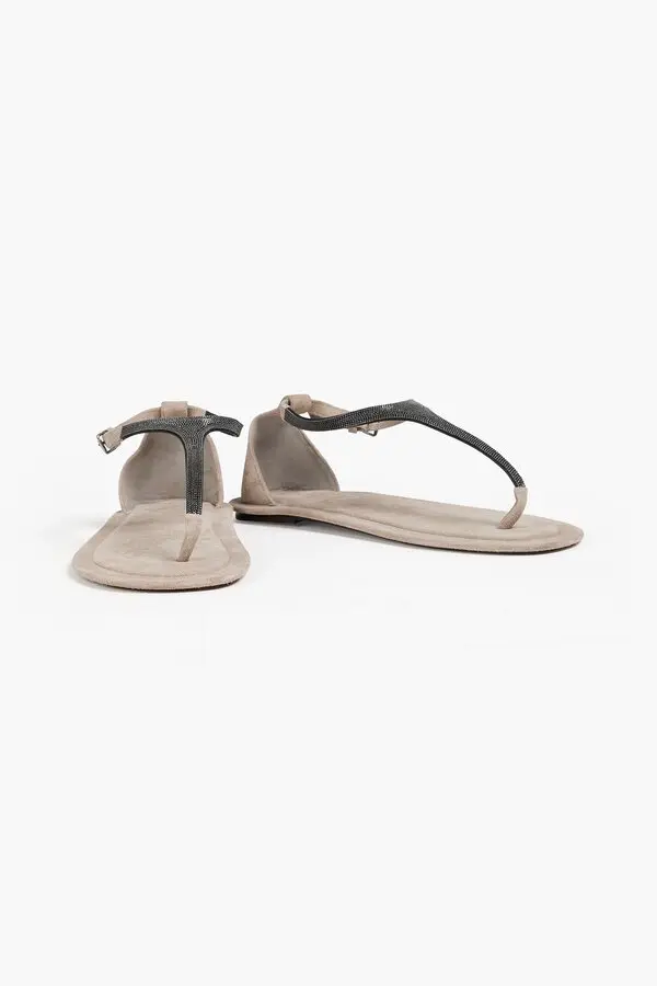 Brunello Cucinelli Bead-embellished Suede Sandals - Stone