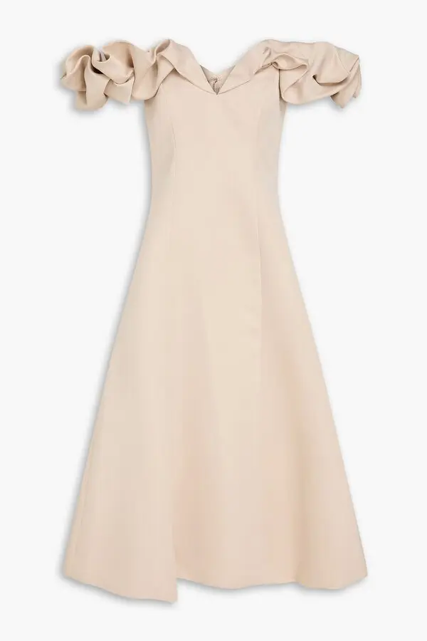 LEO LIN Satin Off-the-shoulder Midi Dress - Beige