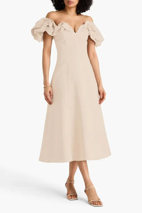 beige off the shoulder midi dress Champagne Sparkle Off The Shoulder Draped Top Midi Dress – AX Paris main image 1