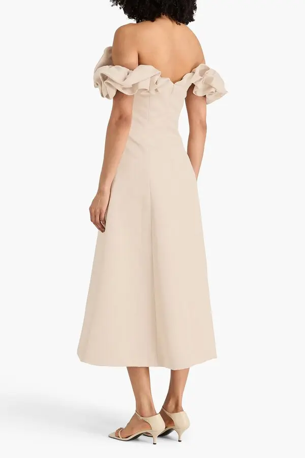 LEO LIN Satin Off-the-shoulder Midi Dress - Beige