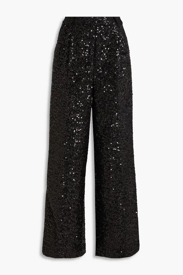LEO LIN Greta Sequined Tweed Wide-leg Pants - Black