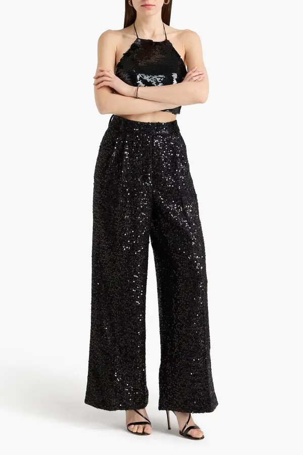 LEO LIN Greta Sequined Tweed Wide-leg Pants - Black