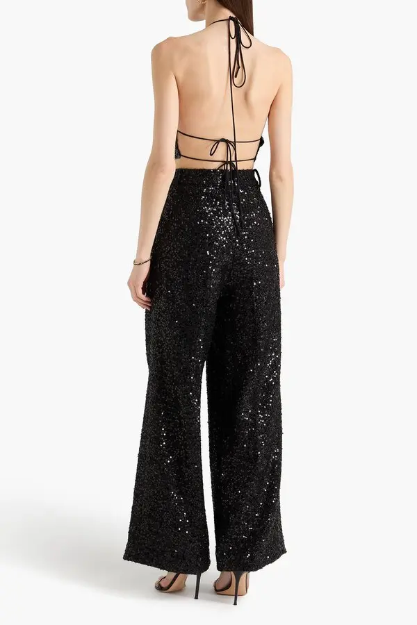 LEO LIN Greta Sequined Tweed Wide-leg Pants - Black