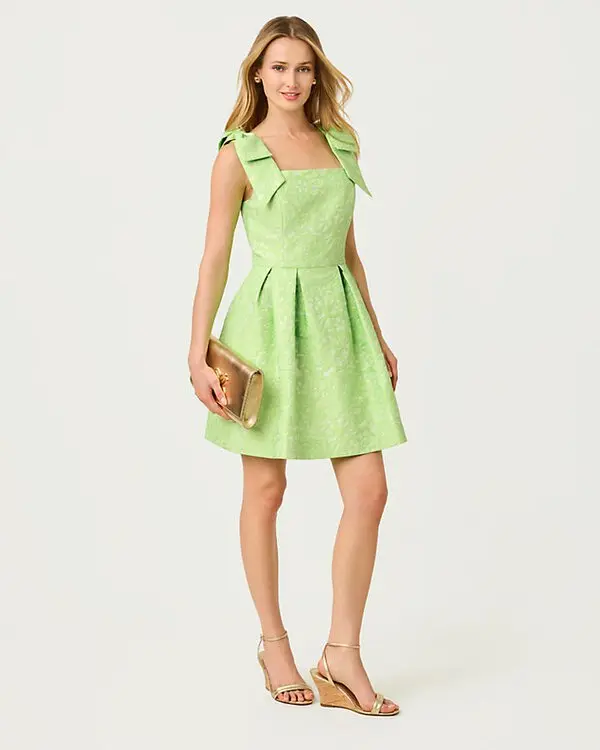 LILLY PULITZER Skirted Romper - Pistachio Macaron Floral Cutwork Metallic Stripe