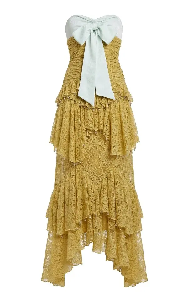 SIEDRES Corinne Floral Jacquard Lace Tiered Maxi Dress With Silver Bead Embellishments