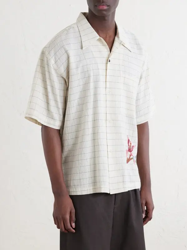 KARDO Rohit Embroidered Checked Cotton Shirt - Neutrals
