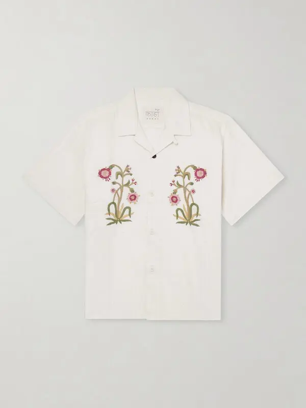KARDO Ronald Convertible-collar Embroidered Cotton Shirt - Neutrals