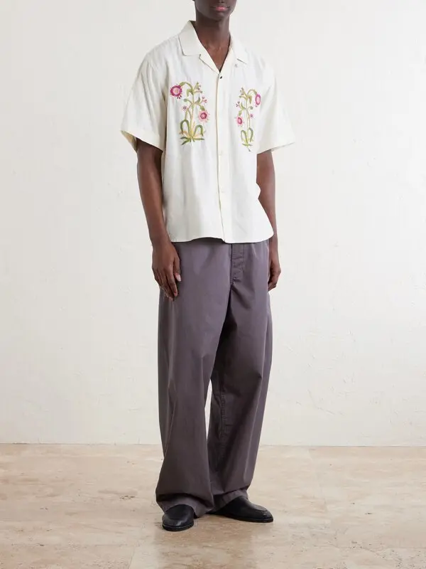 KARDO Ronald Convertible-collar Embroidered Cotton Shirt - Neutrals