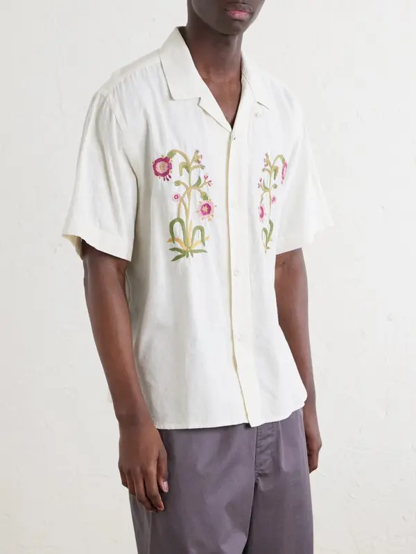 KARDO Ronald Convertible-collar Embroidered Cotton Shirt - Neutrals