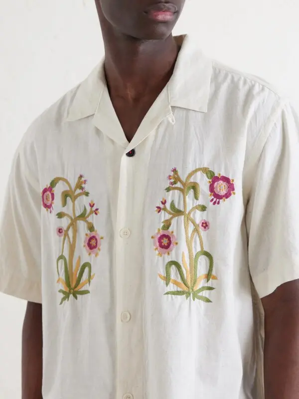 KARDO Ronald Convertible-collar Embroidered Cotton Shirt - Neutrals