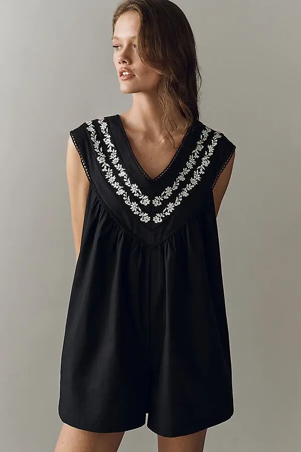 Anthropologie Cotton V-neck Yoke Romper - Black