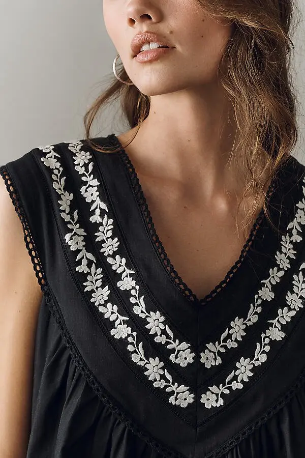 Anthropologie Cotton V-neck Yoke Romper - Black