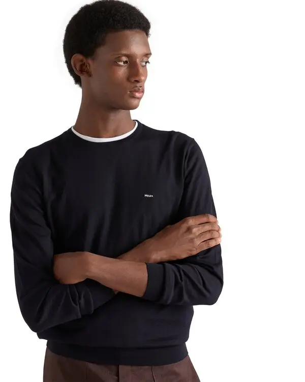Prada Superfine Wool Crew-neck Sweater - Navy