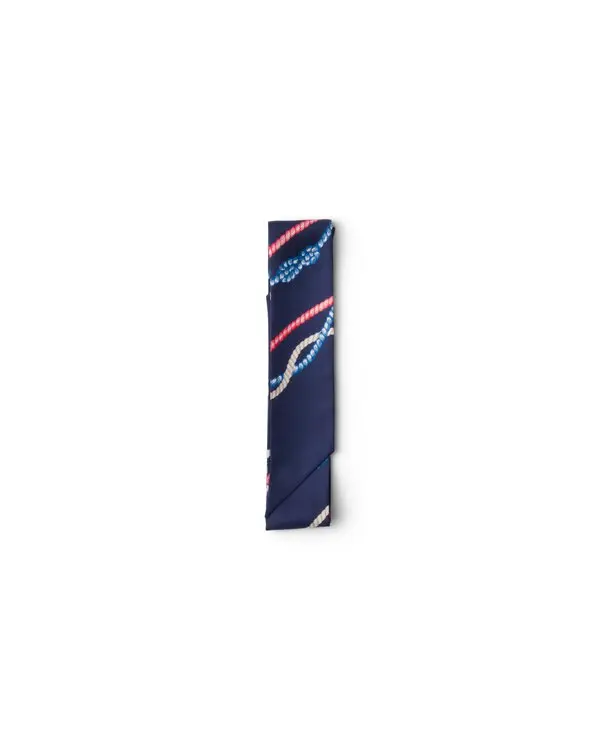 Prada Printed Silk Twill Skinny Scarf - Navy
