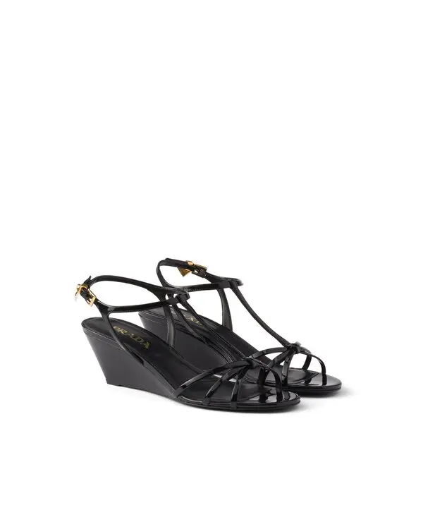 Prada Patent Leather Wedge Sandals - Black