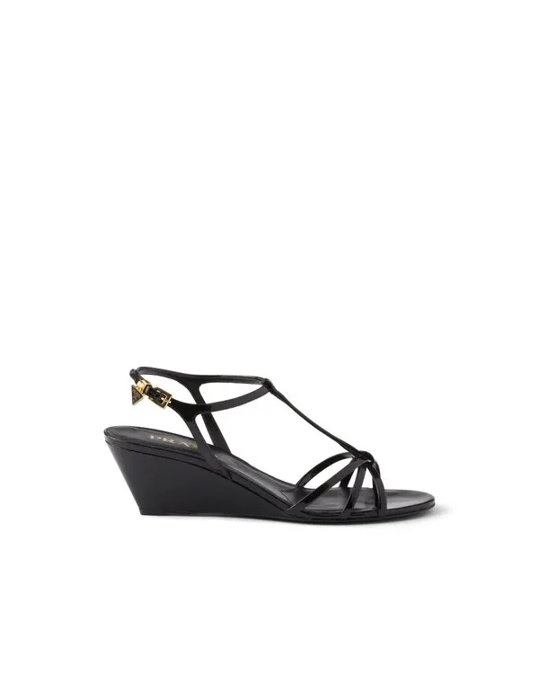 Prada Patent Leather Wedge Sandals - Black