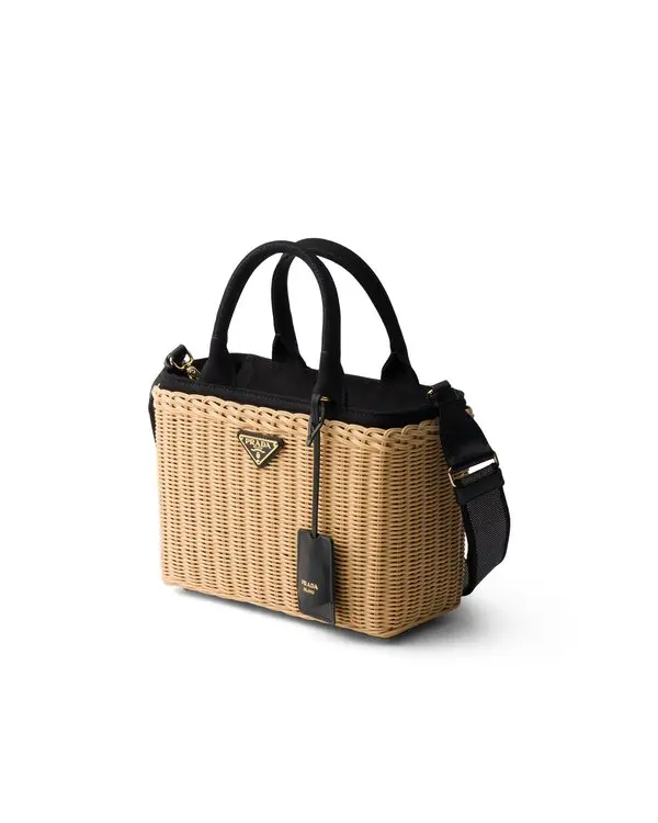 Prada Wicker And Canvas Tote Bag - Tan/black