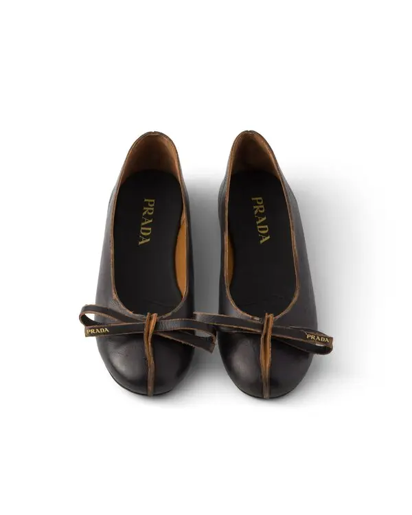 Prada Antiqued Leather Ballerinas - Black/tan