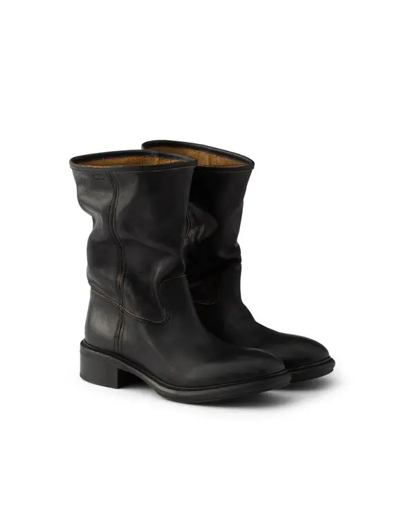 Prada Vintage-effect Leather Mid-calf Boots - Black