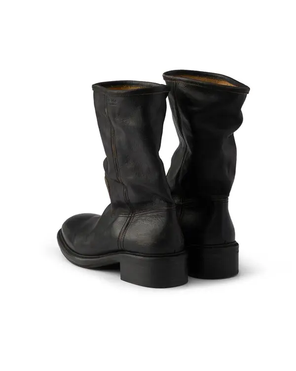 Prada Vintage-effect Leather Mid-calf Boots - Black