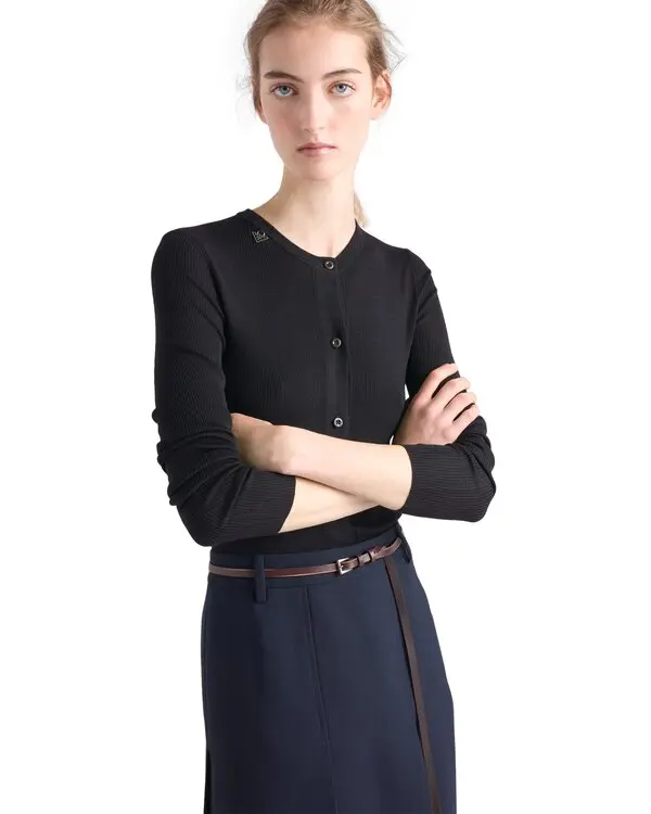 Prada Ribbed Knit Wool Cardigan - Black