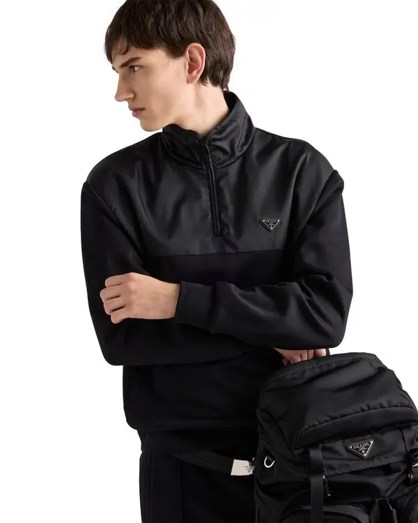 Prada Cotton Fleece Half-zipper Sweatshirt - Black/black