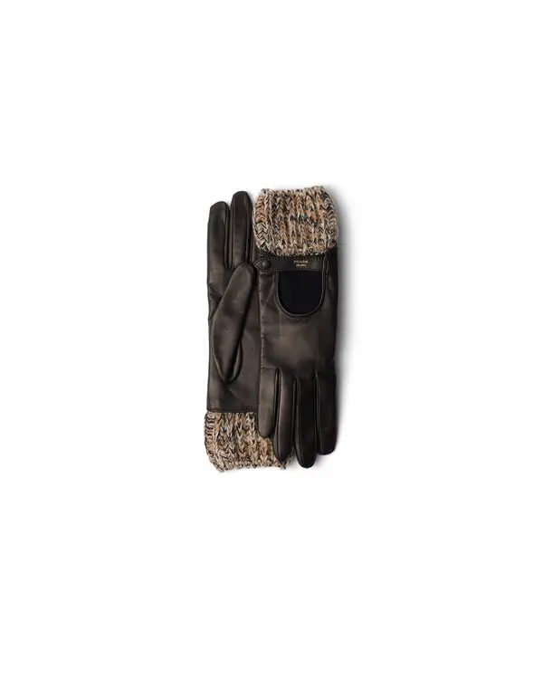 Prada Nappa Leather And Mélange Knit Gloves - Camel/black