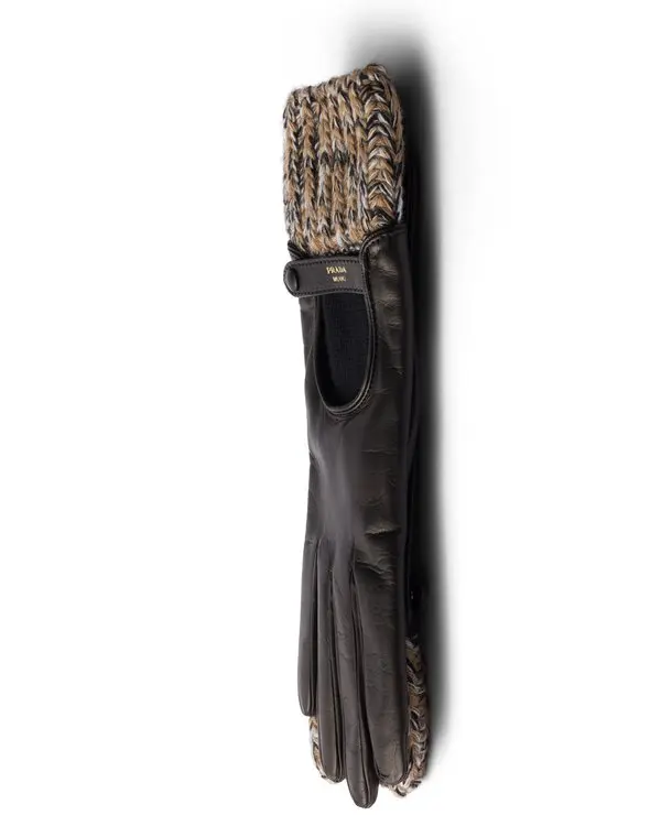 Prada Nappa Leather And Mélange Knit Gloves - Camel/black