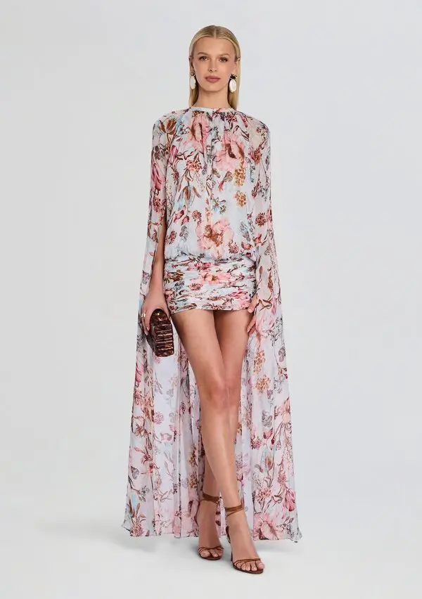 Hemant & Nandita Ezra Ruched Cape Mini Dress - Blue