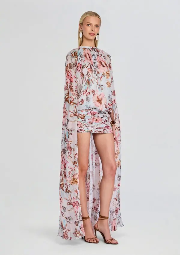 Hemant & Nandita Ezra Ruched Cape Mini Dress - Blue
