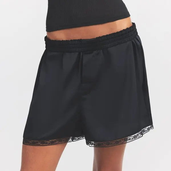 SKIMS Lace Boxer | Black | | Woven Shine