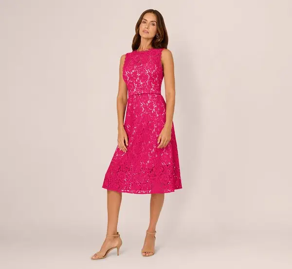 Adrianna Papell Sleeveless Lace Fit And Flare Dress With Sheer Details - Tropical Pink
